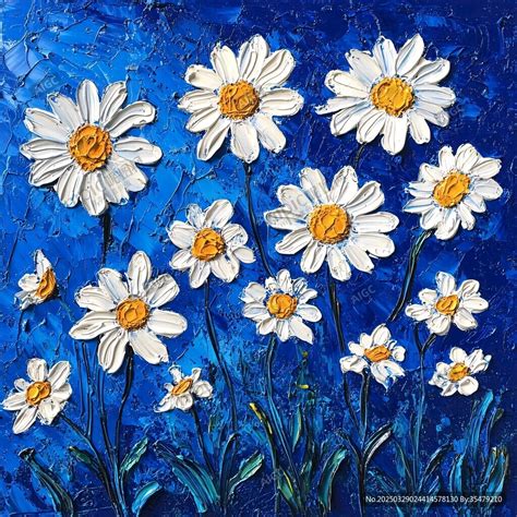 Ai创作图雏菊 油画 蓝色背景 花卉 笔触 白色花瓣 黄色花蕊 艺术 画作 植物 自然 装饰 质感 手绘 色彩 昵图网