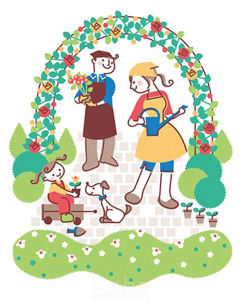 人物、ガーデンライフ、家族、親子、3人、父、母、子供、娘、女の子、ほのぼの、花壇、アーチ、花、植物、植木、育てる、水やり、じょうろ、エプロン
