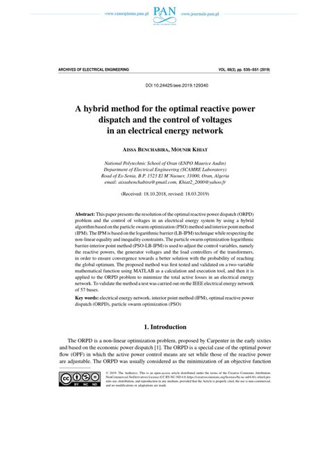 Pdf A Hybrid Method For The Optimal Reactive Power Dispatch And The