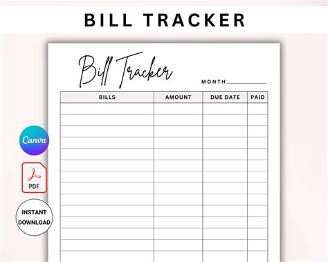 Editable Bill Tracker Monthly Bill Log Bill Planner Bill Payment Checklist Bill Pay