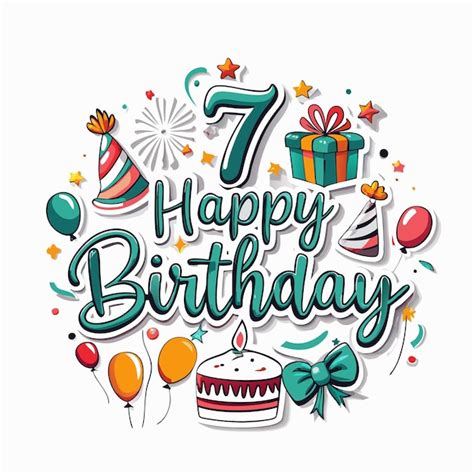 Colorful Happy 7th Birthday Card Design With Cake Balloons Stars Party