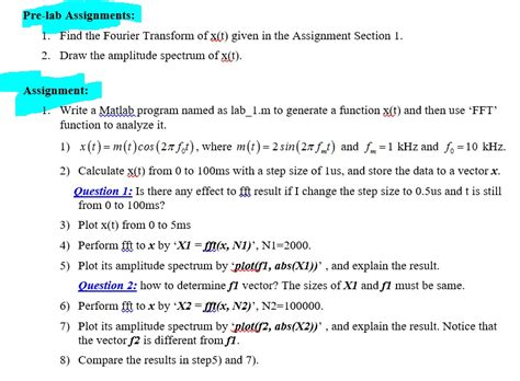 Solved Title Fourier Spectrum Analysis In Matlab Pre Lab Assignments