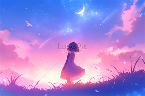 꿈꾸는 밤하늘 아래 어린 소녀 일러스트 무료 다운로드 Lovepik