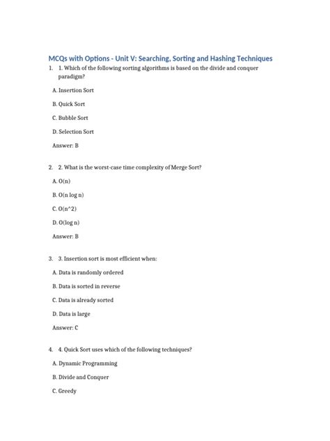 Unit V Searching Sorting Hashing Mcqs Pdf Time Complexity Applied