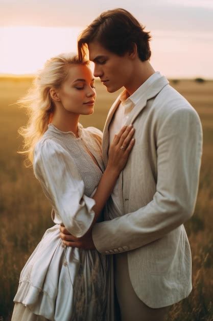 Premium Ai Image A Man And Woman In A Field With The Sun Setting