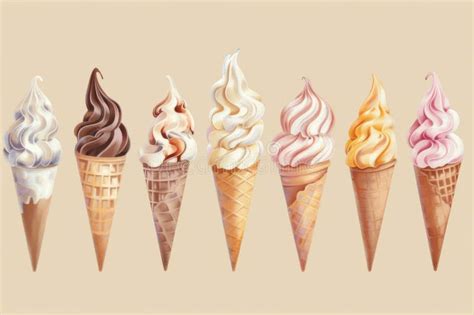 Assorted Soft Serve Ice Cream Cones In Various Flavors Arranged In A
