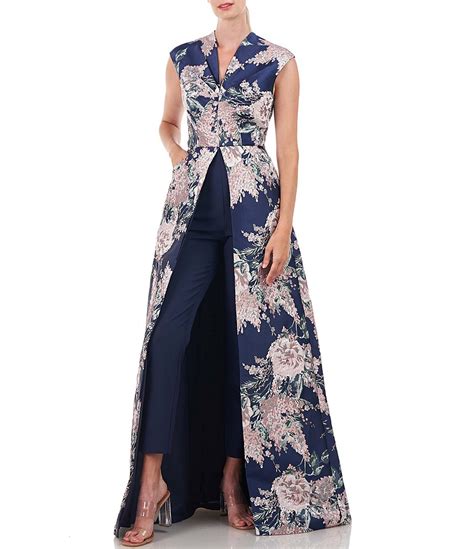 Kay Unger Floral Print Jacquard V Neck Cap Sleeve Walk Thru Jumpsuit