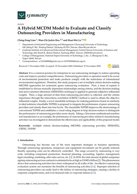 pdf a hybrid mcdm model to evaluate and classify outsourcing providers in manufacturing