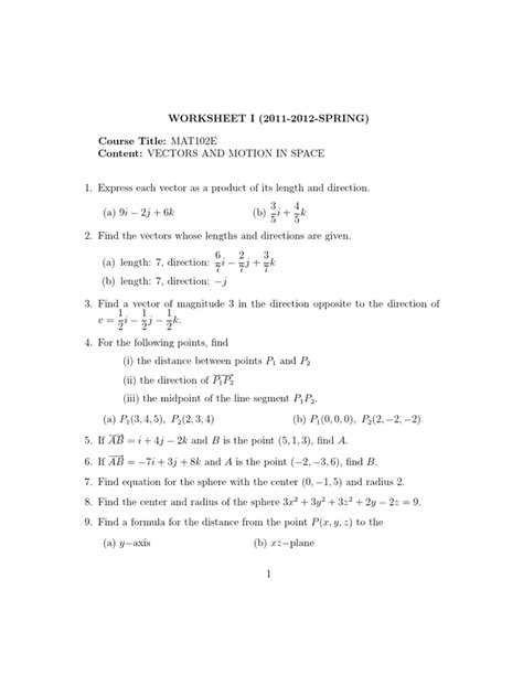 Worksheet Vectors 2012spring Pdf Plane Geometry Euclidean Vector