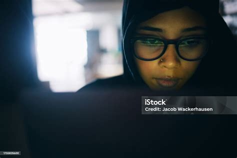 Hacker Woman And Face With Laptop Information Technology For Coding And Database With Phishing