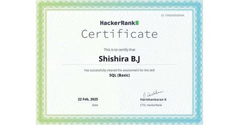 i m pleased to share that i have earned the sql basic certificate from hackerrank shishira b j