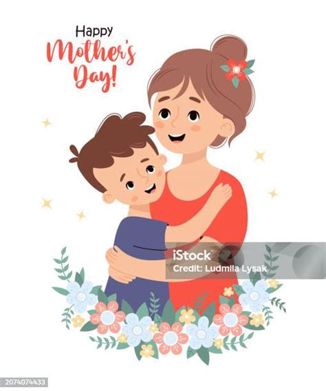 웃는 아들과 함께 있는 귀여운 여자 어머니 휴일 엽서 해피 어머니의 날입니다 평면 만화 스타일의 벡터 일러스트 레이 션 가공의