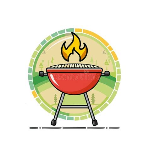 Red Barbecue Grill With Flame Icon In Forest Landscape Background