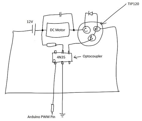 driving a dc motor with a tip120 controlled by optocoupler 4n35 to