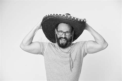 Mexican Party Man On Smiling Face In Sombrero Hat Celebrating Yellow
