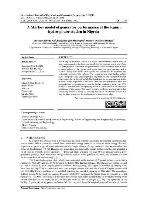 pdf a markov model of generator performance at the kainji hydro power
