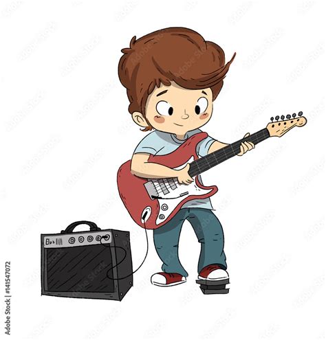 Niño tocando la guitarra Curso de guitarra o musica Stock Illustration