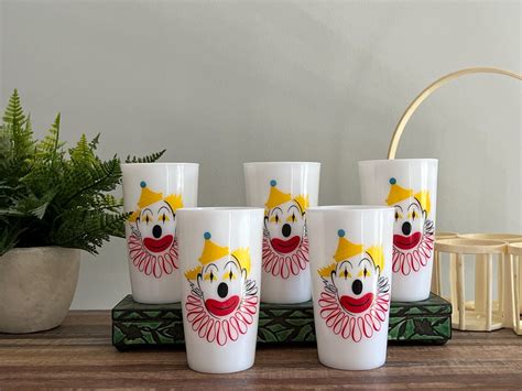 Vintage Mid Century Drinking Glasses Set Of Five Hazel Atlas Clowns Cocktail Glasses Etsy
