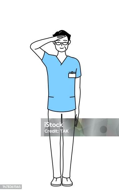 중년 수석 남자 간호사 물리 치료사 작업 치료사 언어 치료사 제복을 입은 간호 조수가 경례를 하고 있습니다 물리치료사에 대한 스톡 벡터 아트 및 기타 이미지 Istock