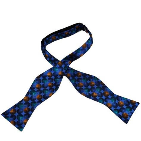 French Navy Orange And Green Circle Patterned Silk Self Tie Bow Tie From