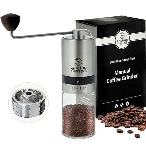 Lasting Coffee 스테인리스 스틸 버가 있는 수동 커피 그라인더 조절 가능한 설정이 프리미엄 원뿔 티몬