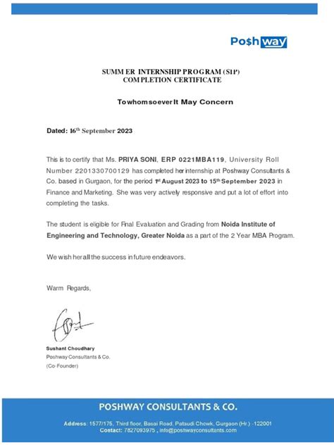 Internship Completion Letter Priya Soni Pdf