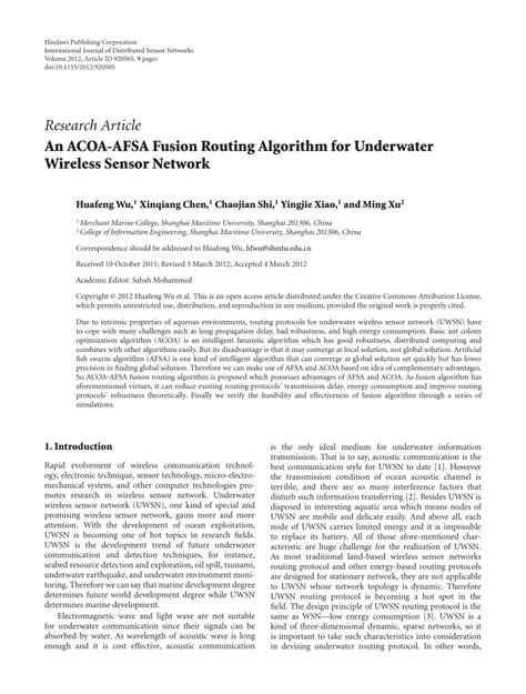 Pdf An Acoa Afsa Fusion Routing Algorithm For Underwater Wireless Sensor Network