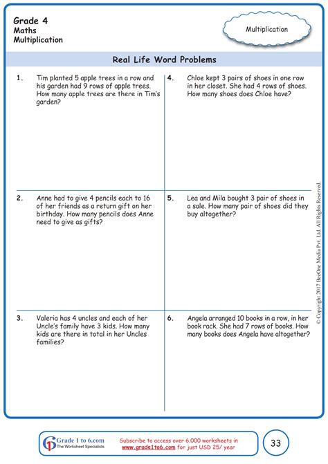 Grade 4 Word Problems On Multiplication Worksheets