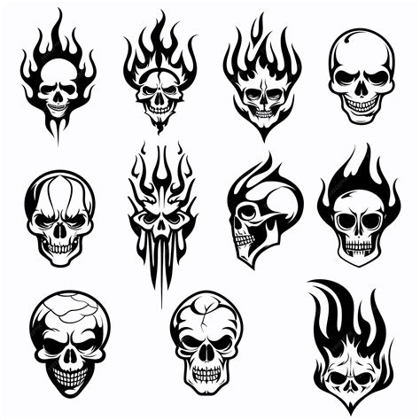 Premium Vector A Collection Of Black And White Skulls With Flames And