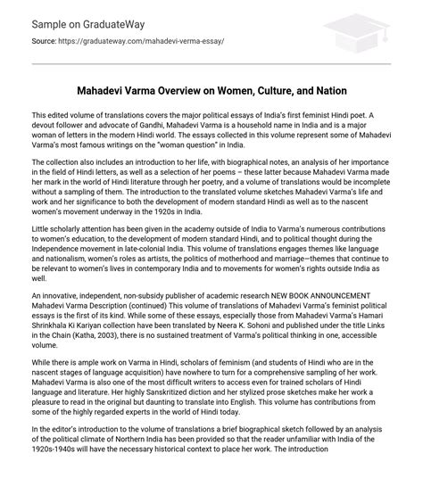 ⇉mahadevi Varma Overview On Women Culture And Nation Essay Example
