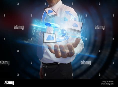 Digital Composite Of Businessman Presenting File Transfer Interface Digital Composite Of Businessman Presenting File Transfer Interface