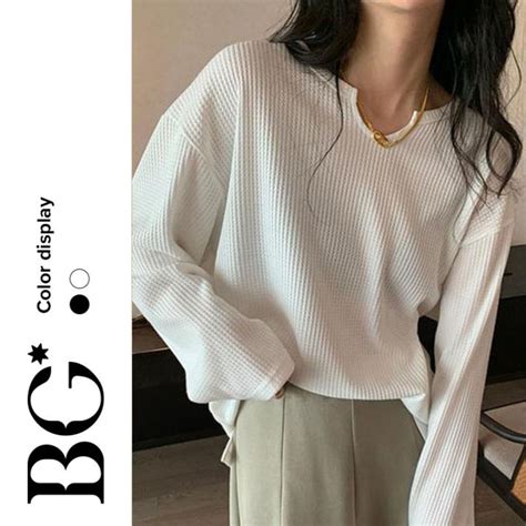 Bg World ใหม่ เสื้อยืด แขนยาว ทรงหลวม ลายวาฟเฟิล สไตล์เกาหลี เสื้อกันหนาว Bgw015 Th