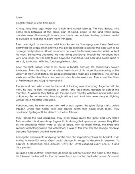Ibalon English Version Of Epic From Bicol A Long Long Time Ago