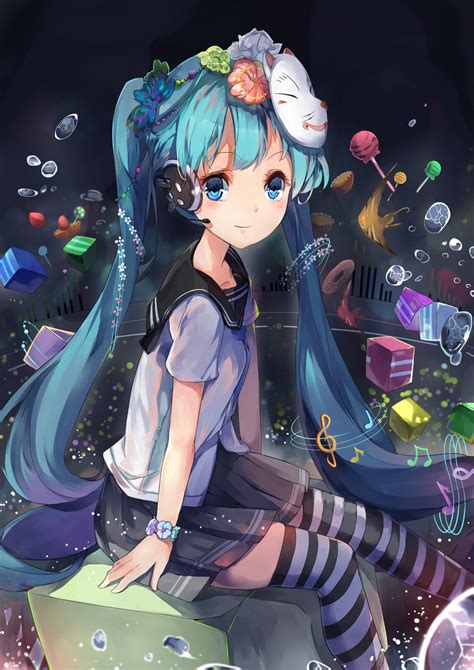 Safebooru 1girl Aqua Hair Blue Eyes Bracelet Candy Flower Fox Mask
