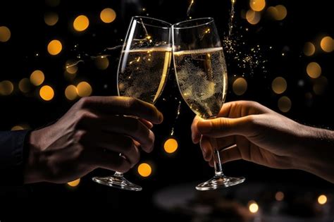 Two People Toasting With Champagne Glasses In Front Of A Christmas Tree