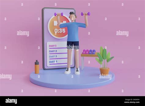 3d Workout Mobile App Illustration Young Man In Gym Doing Squats With