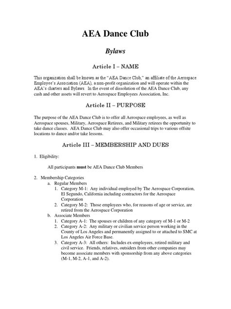 Aea Dance Club Bylaws Pdf Vice President Of The United States