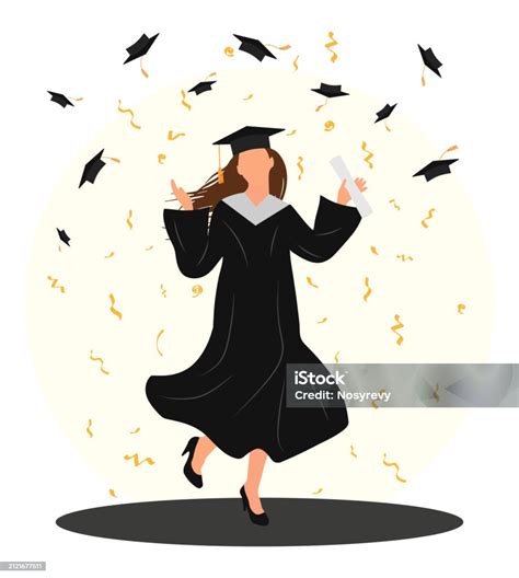 졸업식 색종이 조각과 졸업 모자를 던진 배경에 졸업장을 가진 행복한 Jumpung 대학원생 벡터 일러스트 레이 션 던지기에 대한 스톡 벡터 아트 및 기타 이미지 Istock