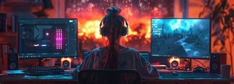Silhouette Of A Gamer With Headphones At A Dualmonitor Setup Neonlit