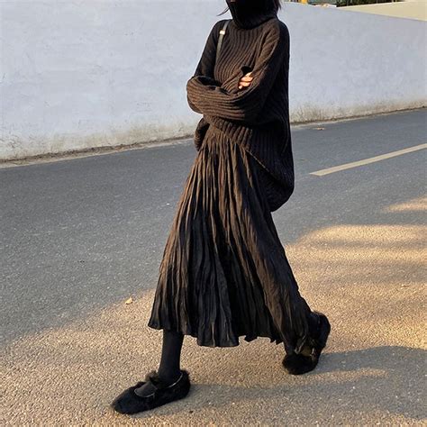 2022봄 가을신상 여성용 패셔니 허리밴딩 롱 반치마주름 스커트 검정 카키 2종칼라