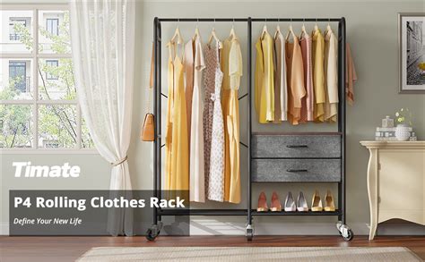 Timate P4 Rolling Clothes Rack For Hanging Clothes Metal Clothing Rack With Drawers