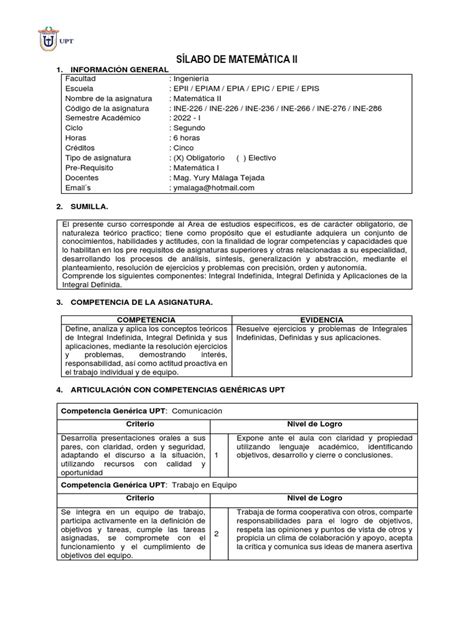 Sílabo De Matemática Ii Pdf Integral Matemáticas