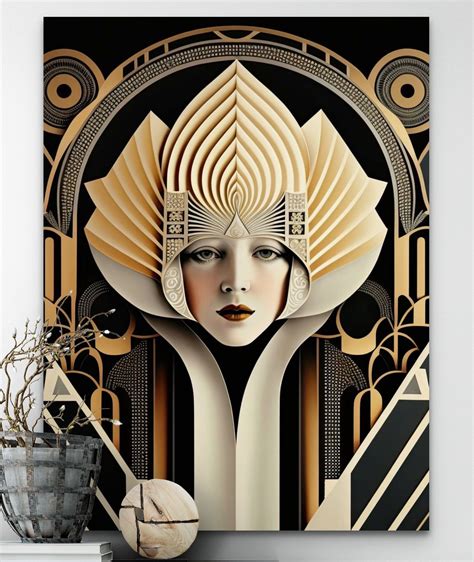Art Deco Print Of Woman In Geometrical Mask Black And Gold Etsy In 2024