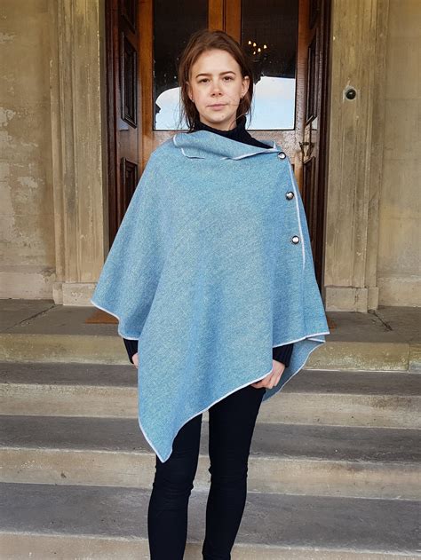 Versatile In Irish Tweed Poncho Cape Shawl Teal Blue White Chevron Wool Ready