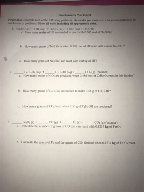Solved Stoichiometry Worksheet Directions Complete Each Of