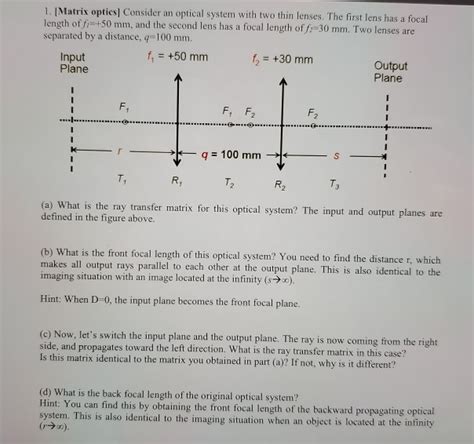 Solved 1 Matrix Optics Consider An Optical System With