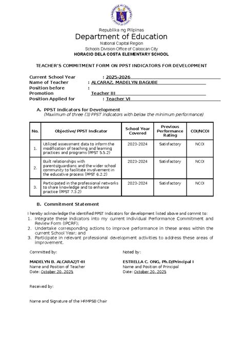 Teachers Commitment Form On Ppst Indicators For Development A4 Studocu