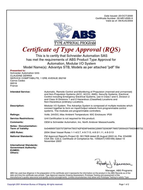 Abs Type Approval Certificate Industries Technology