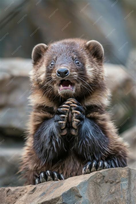 Premium Photo A Goofy Wolverine Cub With A Surprised Expression And Big Fluffy Paws