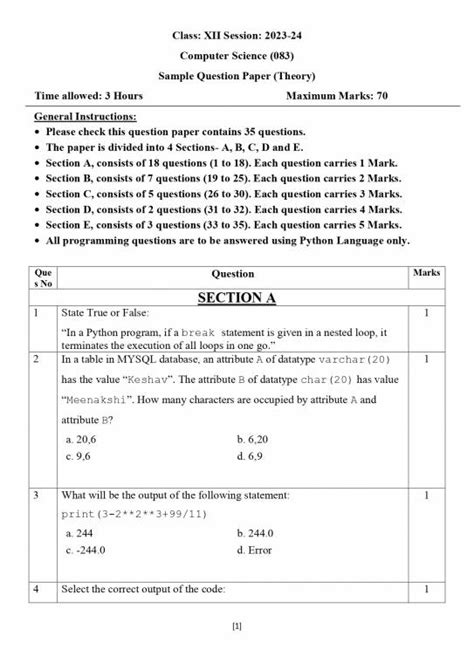 Cbse Class 12 Computer Science Question Paper 2024 Available Pdf Download